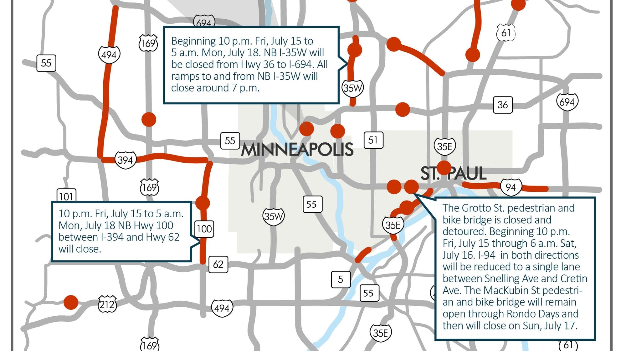 Highway 100 north, I-35W closures top weekend road woes | MPR News
