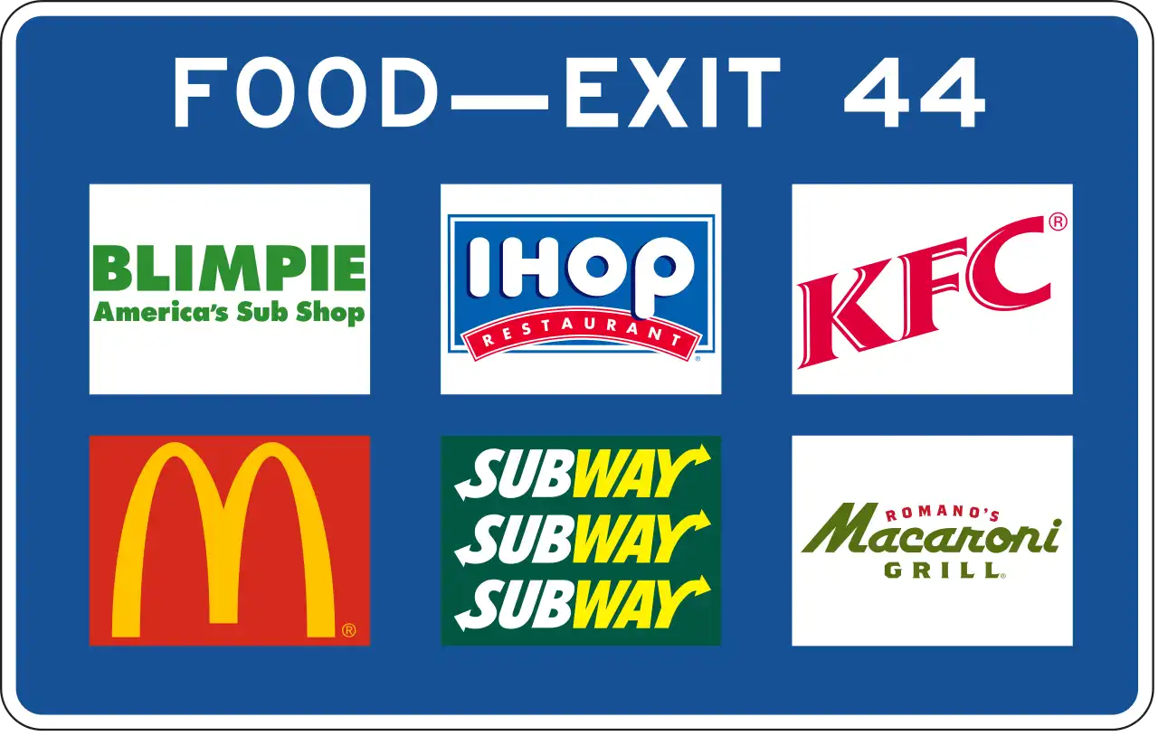 Who picks the businesses on highway exit signs?