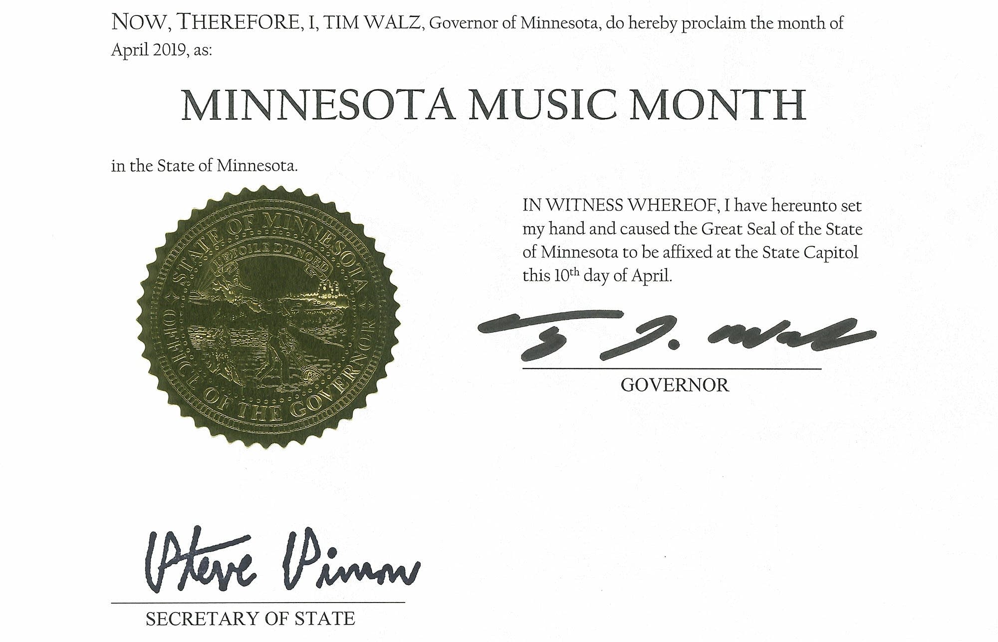 Gov. Walz officially proclaims Minnesota Music Month