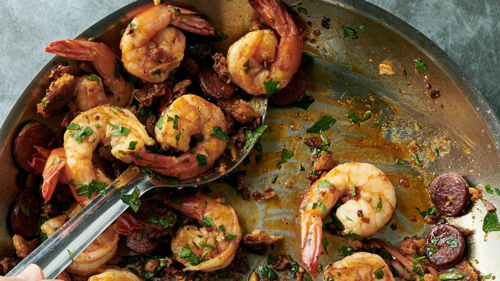 Shrimp And Chorizo With Crushed Croutons | The Splendid Table